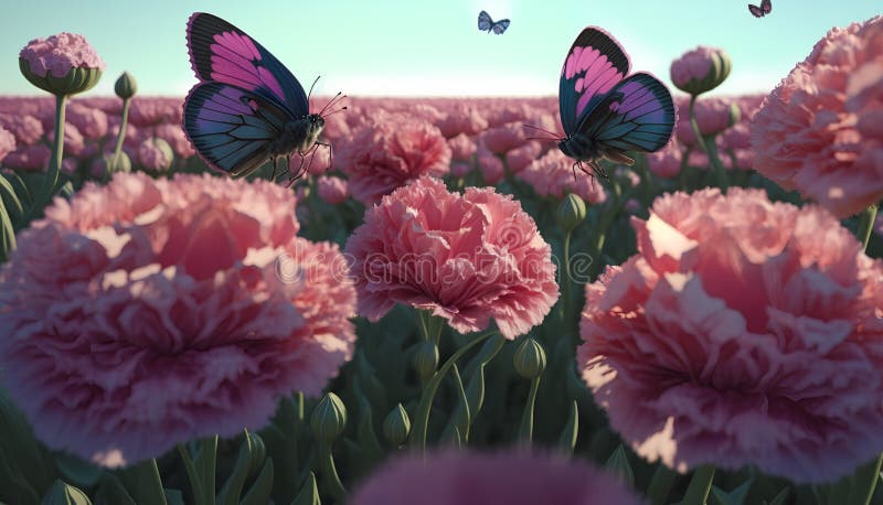 Butterflies Flying Over Pink Carnation Flowers, 3d Render Stock ...