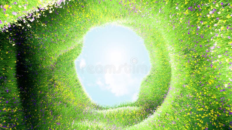Butterflies Inside a Hole with Green Grass and Flowers Landscape 3d ...