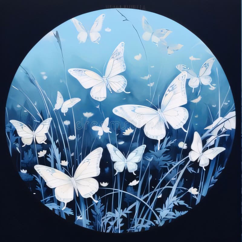 Butterflies on the Meadow in a Round Frame on a Dark Background Stock ...