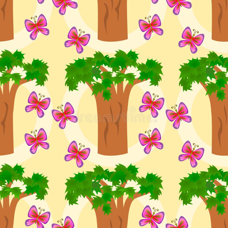 Butterflies and Trees Seamless Background Design Stock Illustration ...