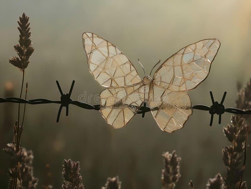 Butterfly on Barbed Wire, Delicate Wings, Monochrome Palette ...