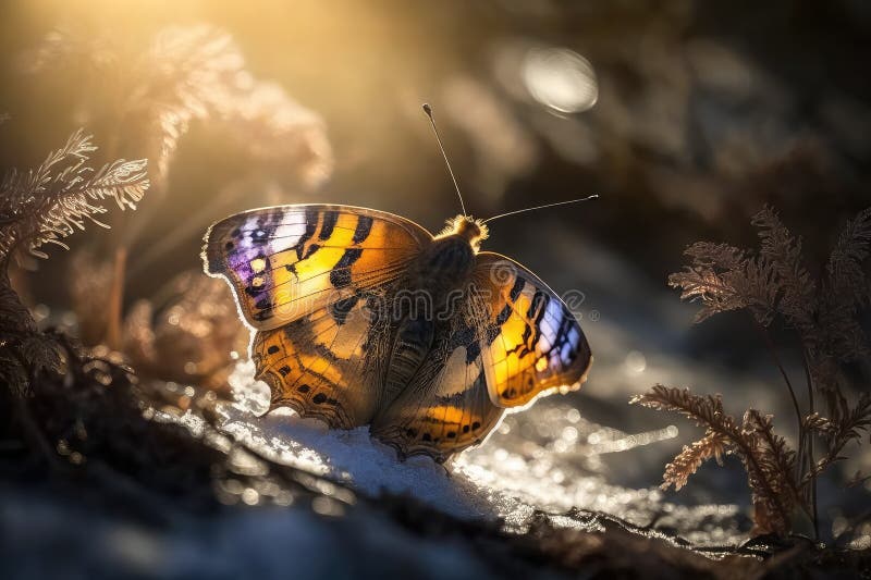 Butterfly Basking in Rays of Warm Sunlight in Wintertime Forest Stock ...