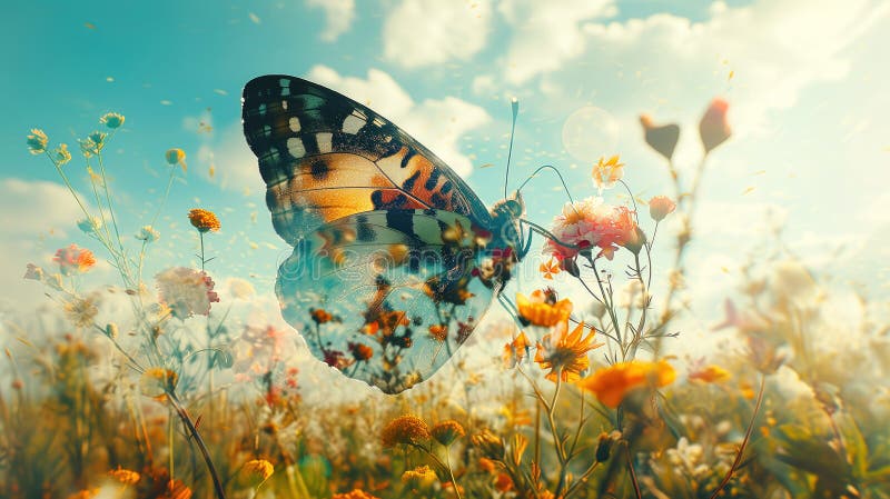 Butterfly in Blooming Meadow Under Bright Blue Sky, Double Exposure ...