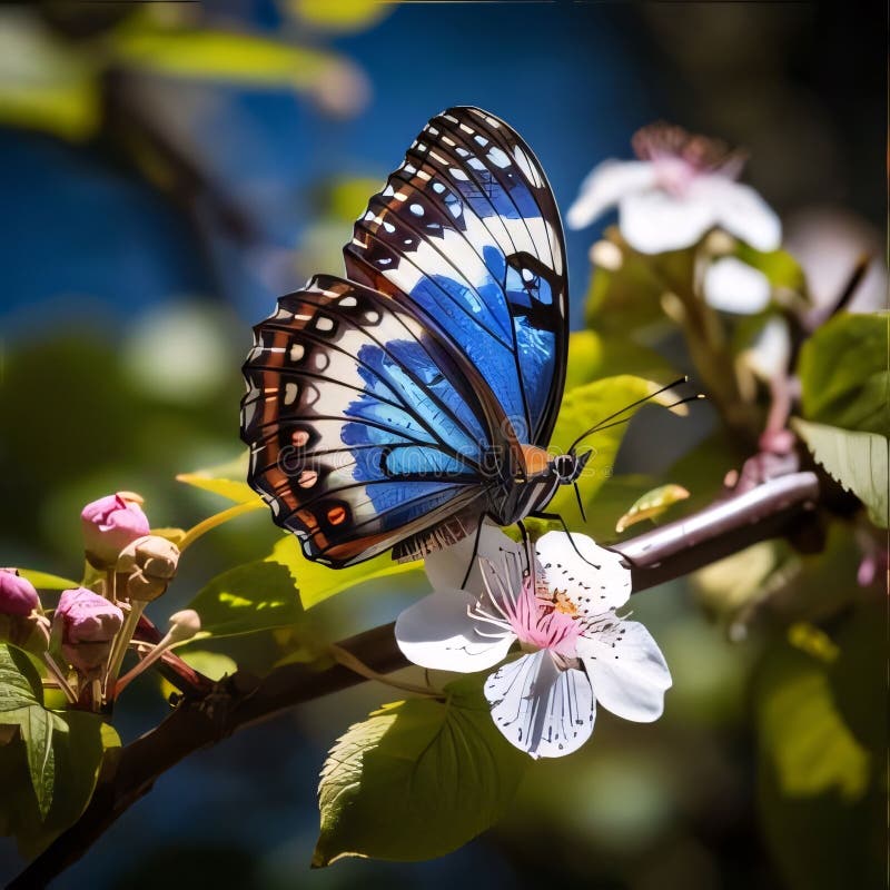 Butterfly on a Branch of a Blooming Apple Tree in Spring Stock ...