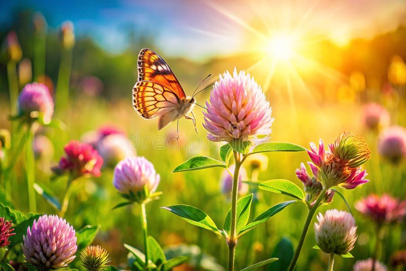 Butterfly on Clover Flower in Sunny Meadow Stock Image - Image of light ...