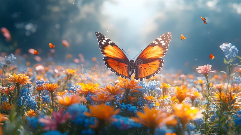 Butterfly in a Field of Flowers Stock Illustration - Illustration of ...