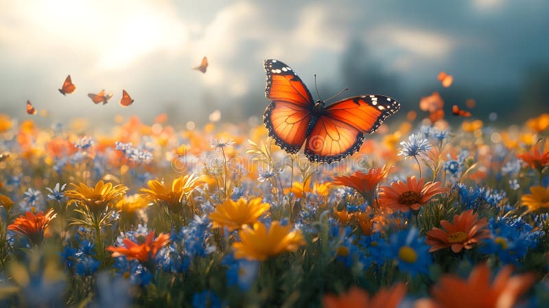 Butterfly in a Field of Flowers Stock Illustration - Illustration of ...