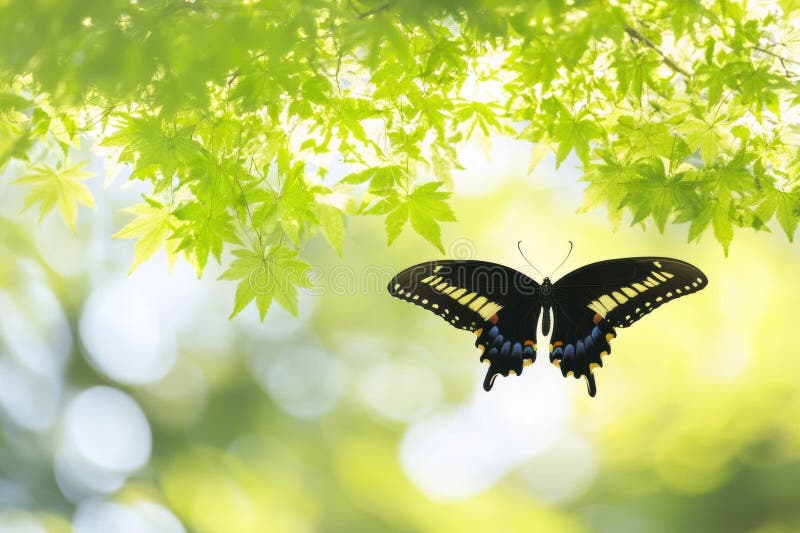 Butterfly Flies Beneath Green Leaves in Spring Sunlight with Nature ...