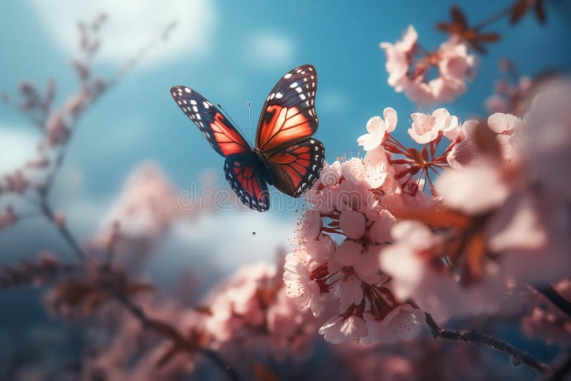 Butterfly Flies Over a Flowering Branch in the Garden. Generative AI ...