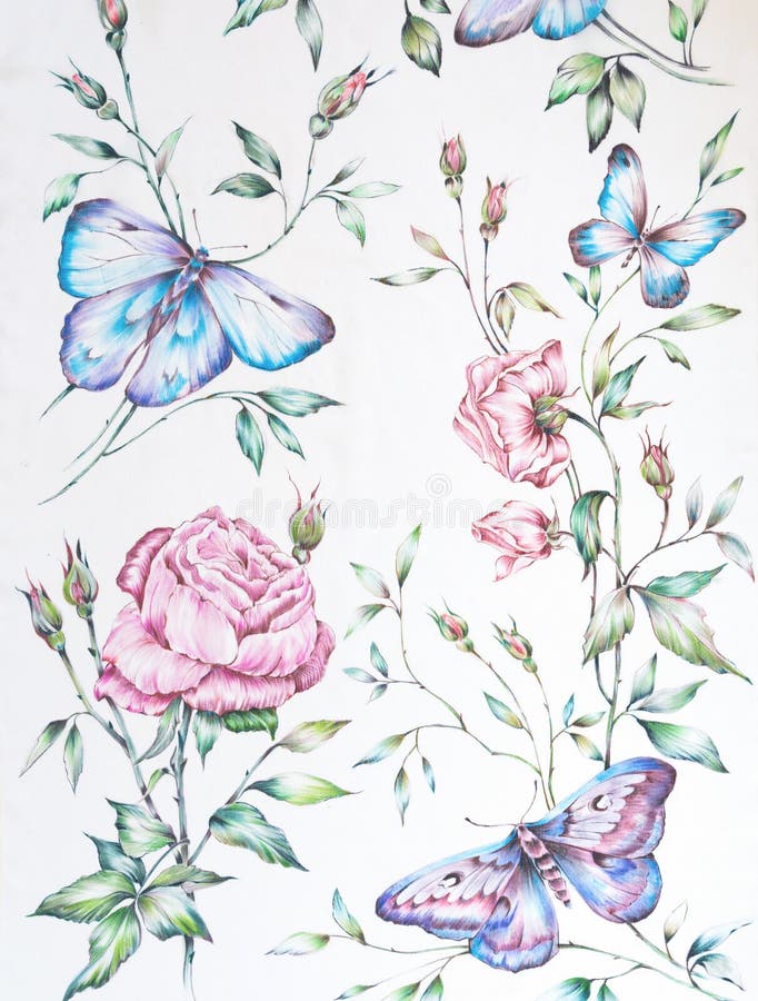 Butterfly and Flower Pattern Hand Drawn on Silk Stock Illustration ...