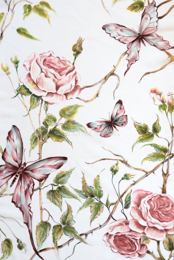 Butterfly and Flower Pattern Hand Drawn on Silk Stock Illustration ...
