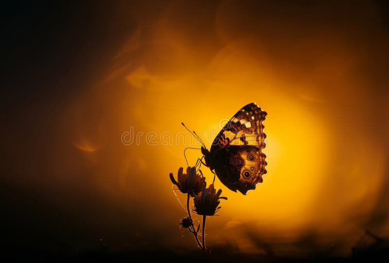 Butterfly on Flower in the Rays of the Setting Sun Stock Image - Image ...