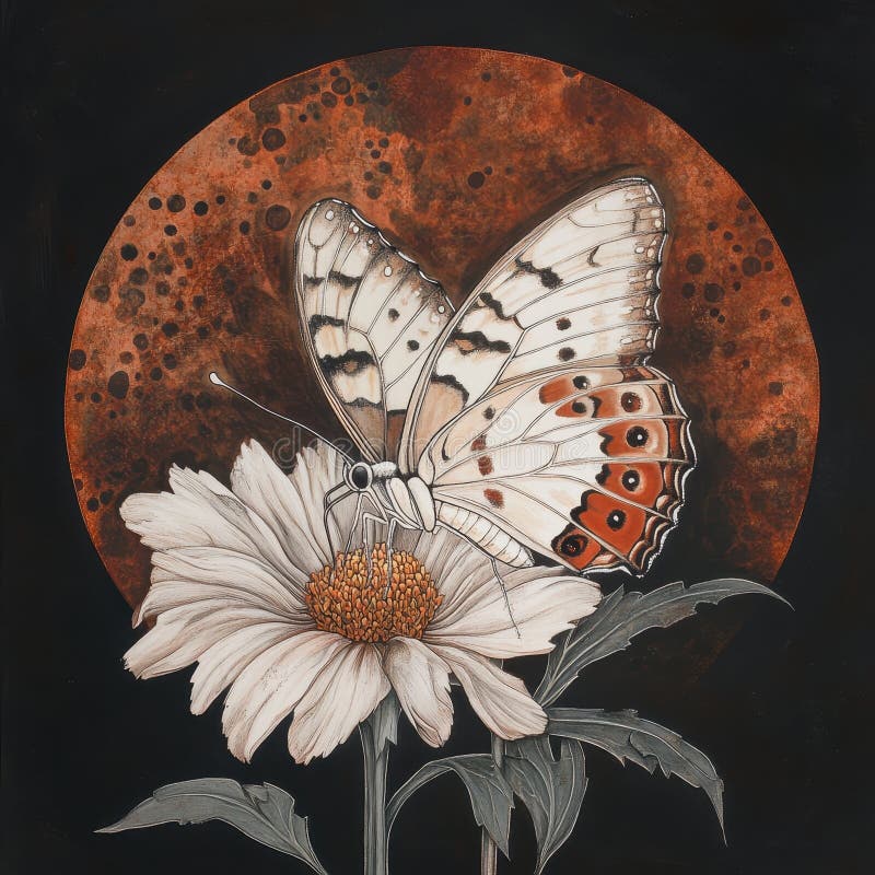 Butterfly on Flower with Rust-textured Moon Background Stock Photo ...