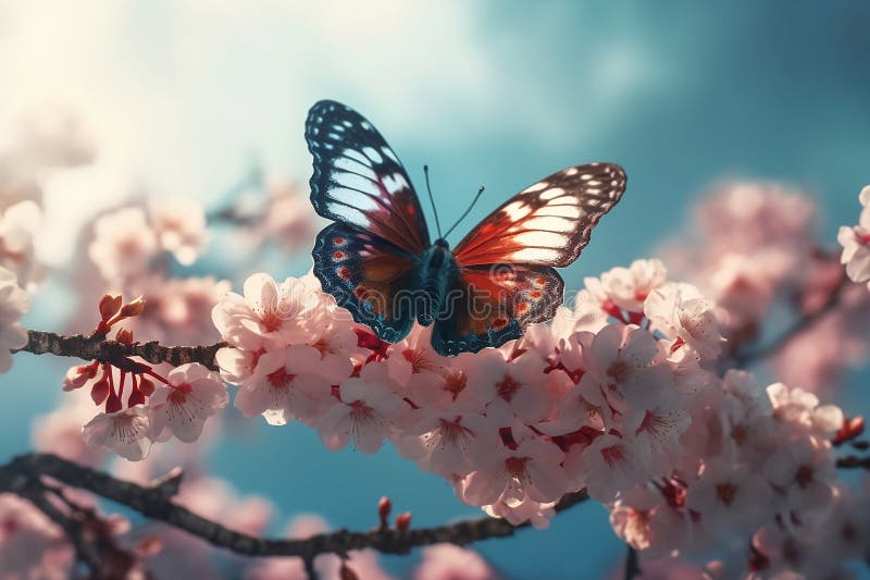 Butterfly on a Flowering Tree Branch. Generative AI. Stock Illustration ...