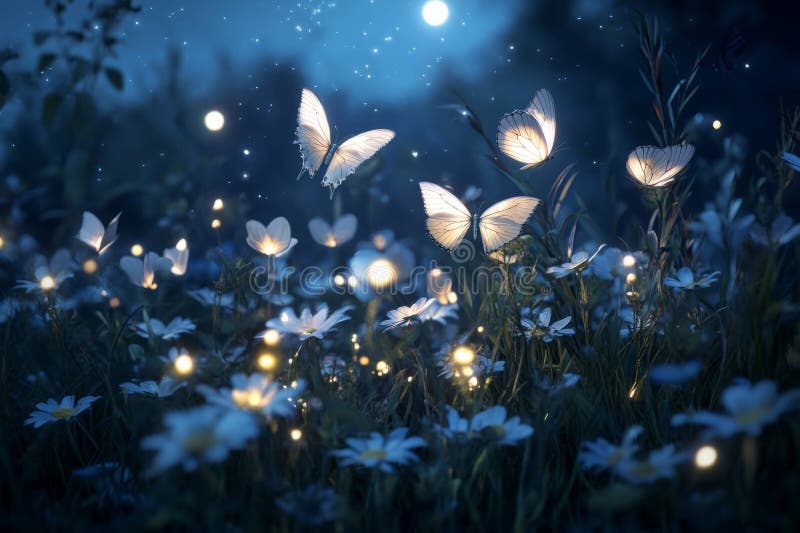 Butterfly on Flowers in a Magical Nighttime Setting Stock Photo - Image ...