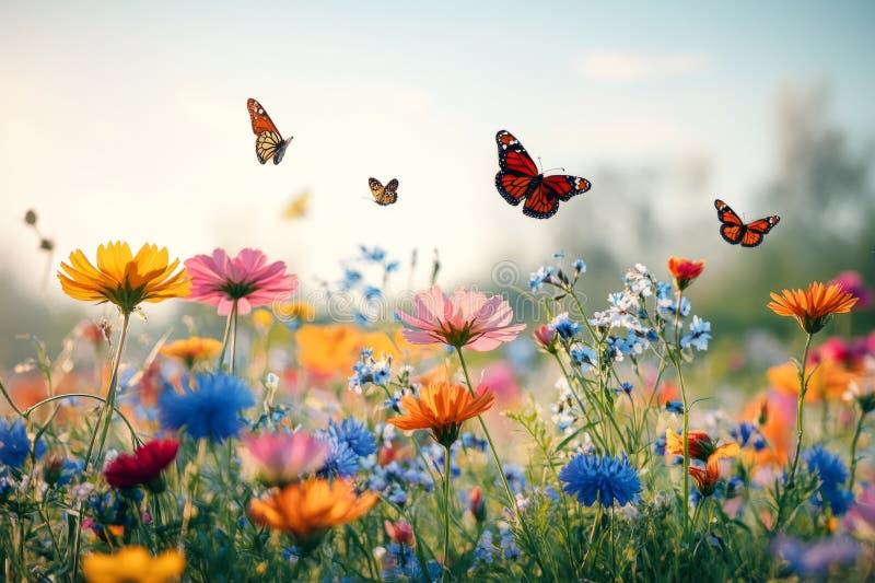 Butterfly Flying Over a Field of Wildflowers on Sunny Day Stock Photo ...