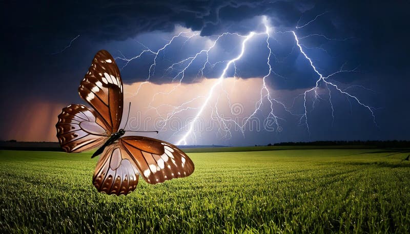 GENERATED IMAGE IA Butterfly Flying Over Green Field during Dramatic ...