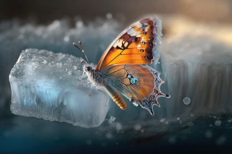 Butterfly Frozen in Ice, with Blurred Background of Landscape Stock ...