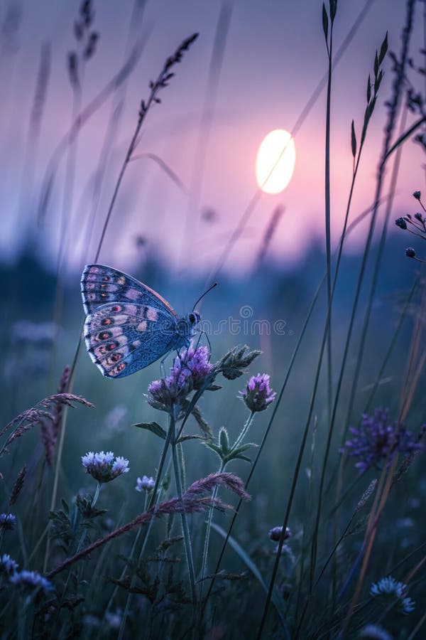 Butterfly in Grass at Night in Moonlight Stock Illustration ...
