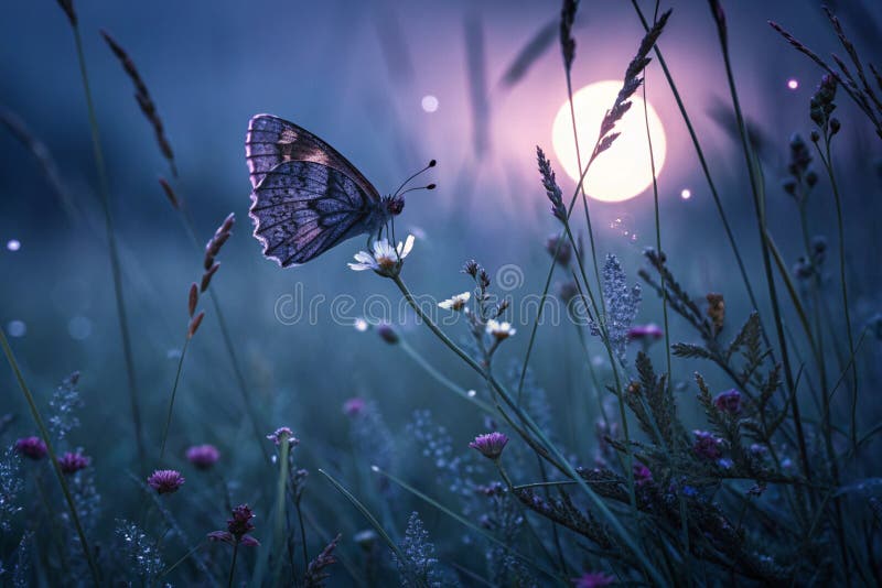 Butterfly in Grass at Night in Moonlight Stock Illustration ...