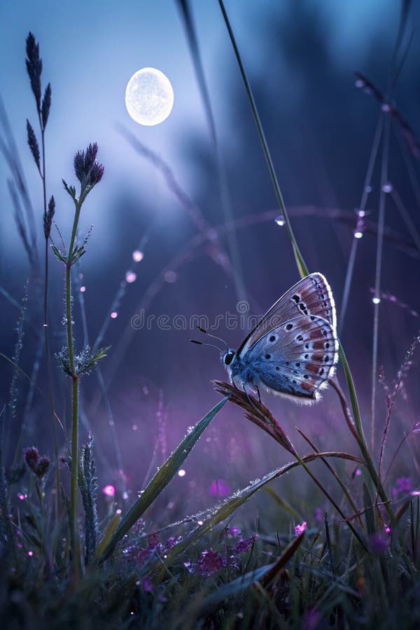 Butterfly in Grass at Night in Moonlight Stock Illustration ...