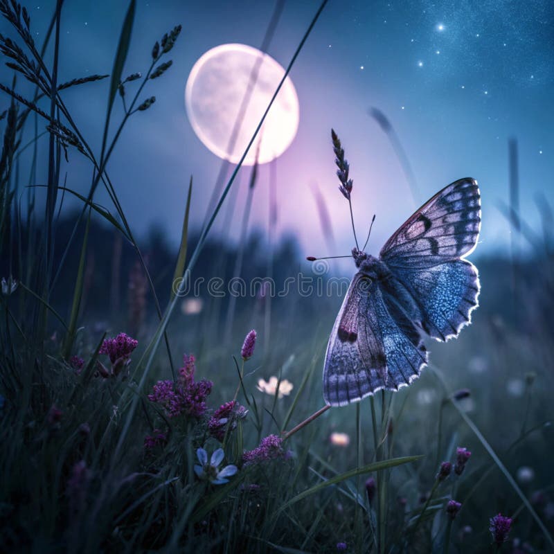Butterfly in Grass at Night in Moonlight Stock Illustration ...