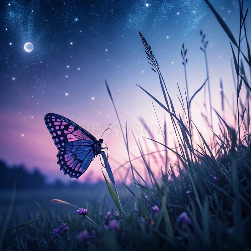 Butterfly in Grass at Night in Moonlight Stock Illustration ...