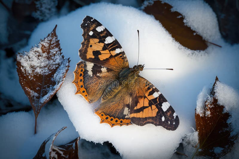 Butterfly Huddled on Cold Leaf, Surrounded by Snow Stock Illustration ...