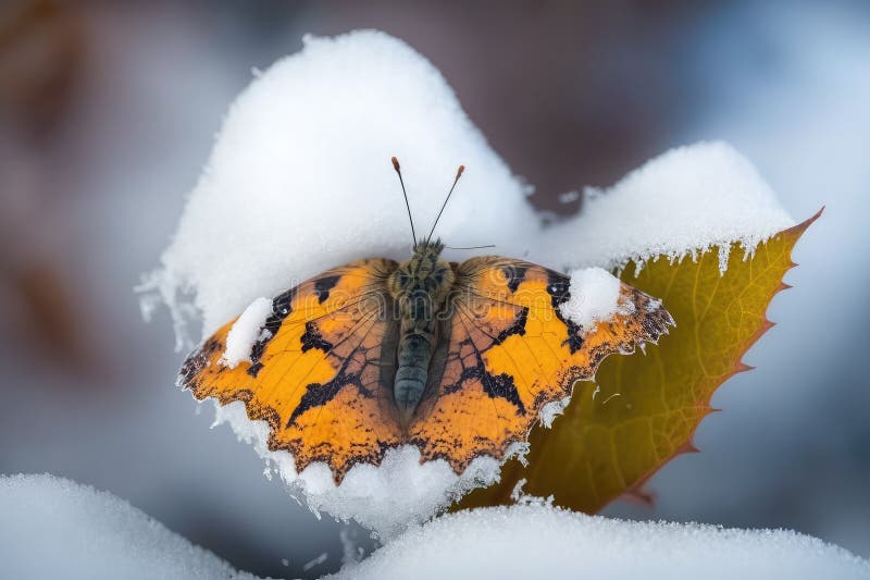 Butterfly Huddled on Cold Leaf, Surrounded by Snow Stock Illustration ...