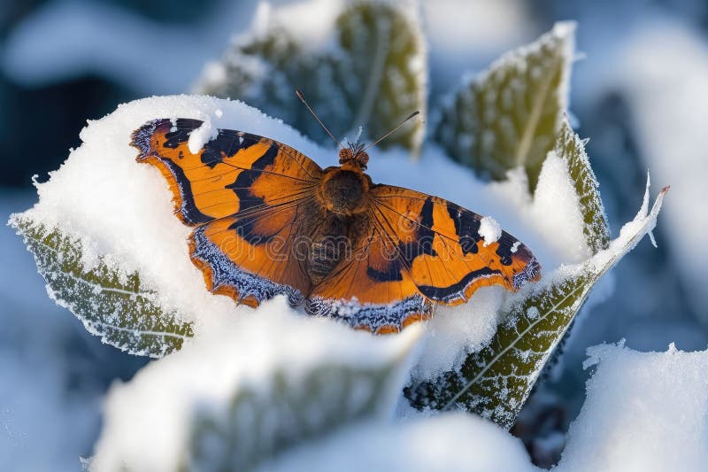 Butterfly Huddled on Cold Leaf, Surrounded by Snow Stock Illustration ...