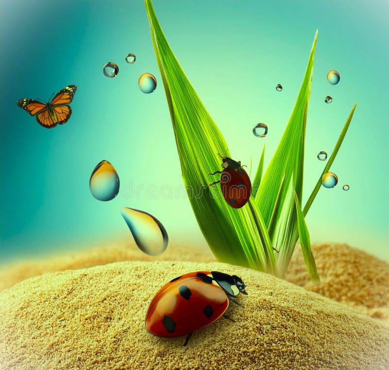 A Butterfly and a Ladybug in the Desert Under the Dewdrop. Stock ...