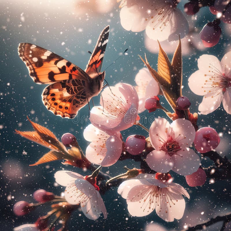 A Butterfly Landing on a Blooming Cherry Branch. Generative AI Stock ...