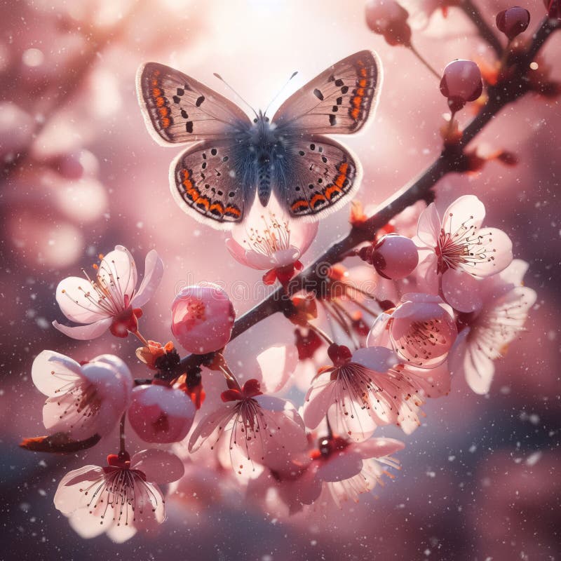 A Butterfly Landing on a Blooming Cherry Branch. Generative AI Stock ...