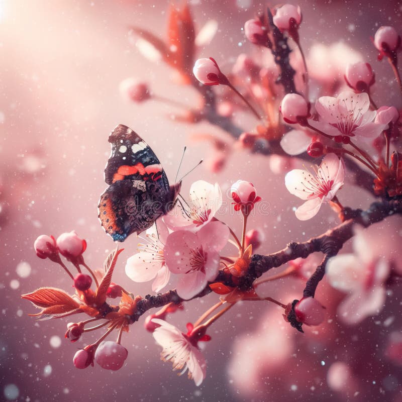 A Butterfly Landing on a Blooming Cherry Branch. Generative AI Stock ...