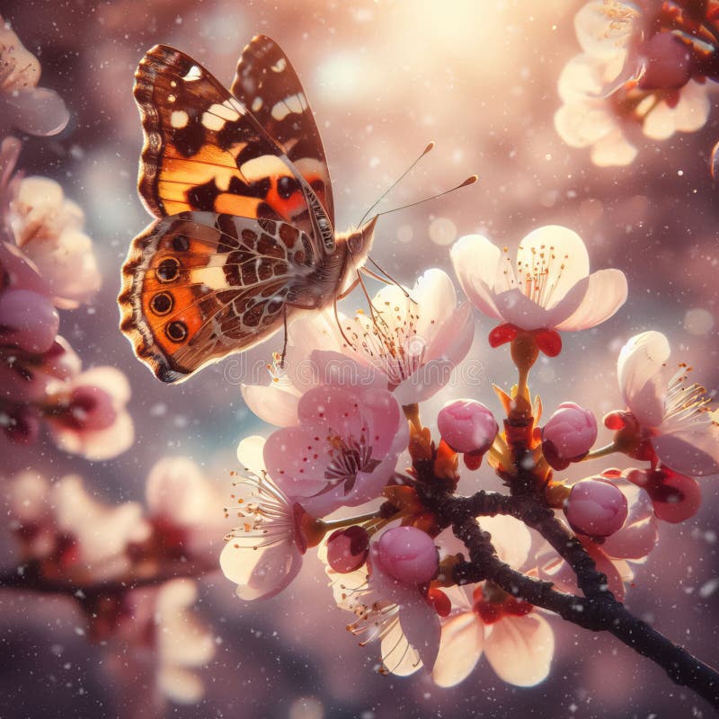 A Butterfly Landing on a Blooming Cherry Branch. Generative AI Stock ...