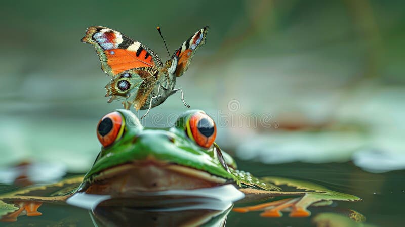 Butterfly on Frog S Head in a Pond Stock Illustration - Illustration of ...