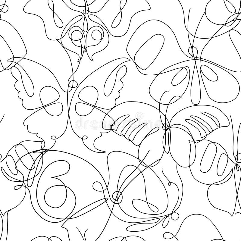 Butterfly Line Art Seamless Pattern. Flying Butterflies on Simple ...