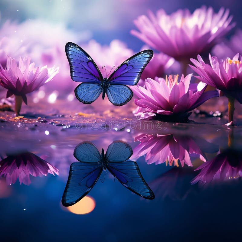 Butterfly on Lotus Flower and Reflection in the Water Stock ...