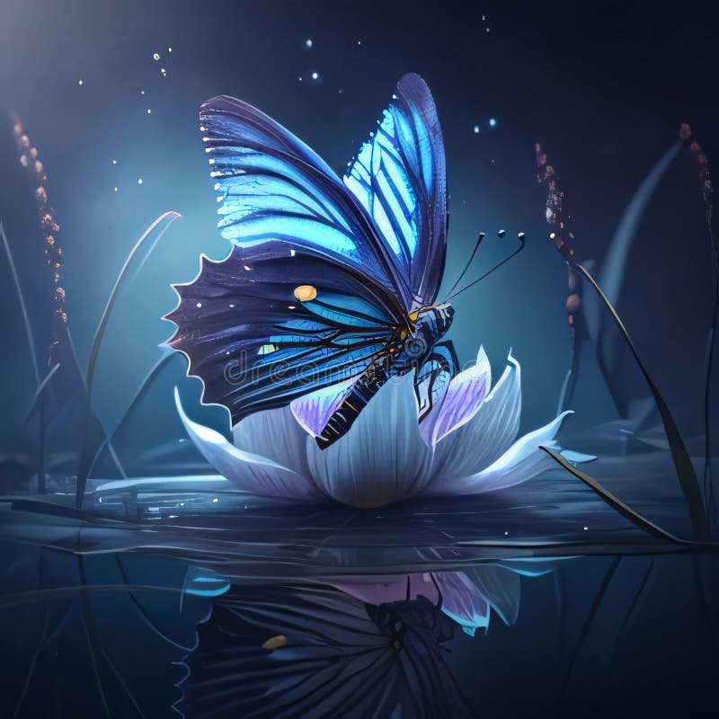 Butterfly on a Lotus Flower in the Water. 3d Render Stock Illustration ...