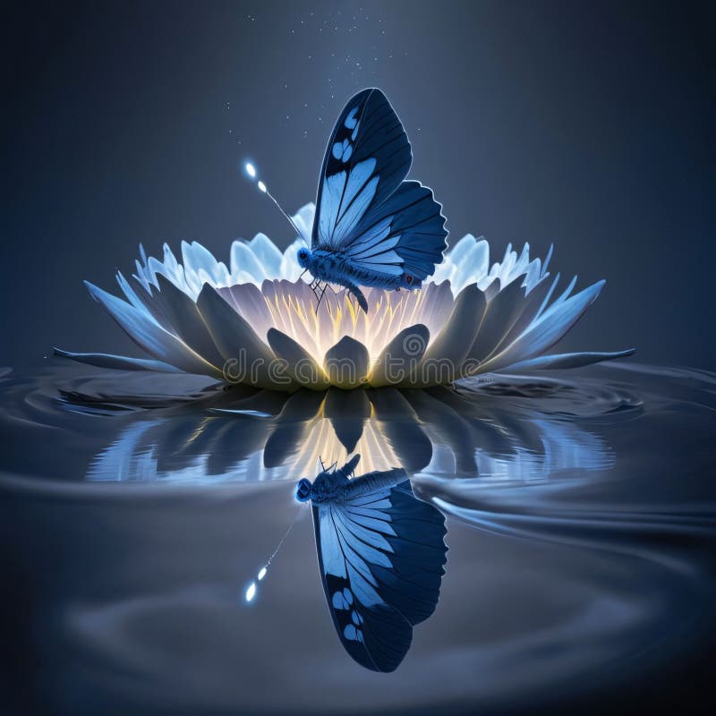 Butterfly on a Lotus Flower in the Water with Reflection Stock ...