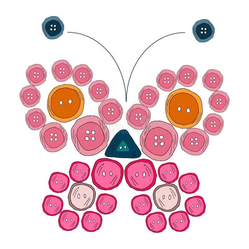 Butterfly Made of Buttons. Doodle Hand Drawn Illustration Stock ...