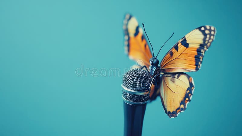 Butterfly on Microphone Symbolizing Transformation in Media Stock ...