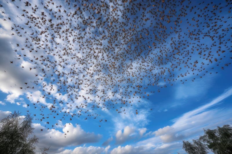 Butterfly Migration Across the Sky, with Clouds and Blue Skies As a ...