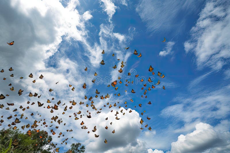 Butterfly Migration Across the Sky, with Clouds and Blue Skies As a ...