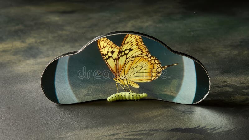 Butterfly on Mirror with Caterpillar Below, Reflecting Green Leaves ...