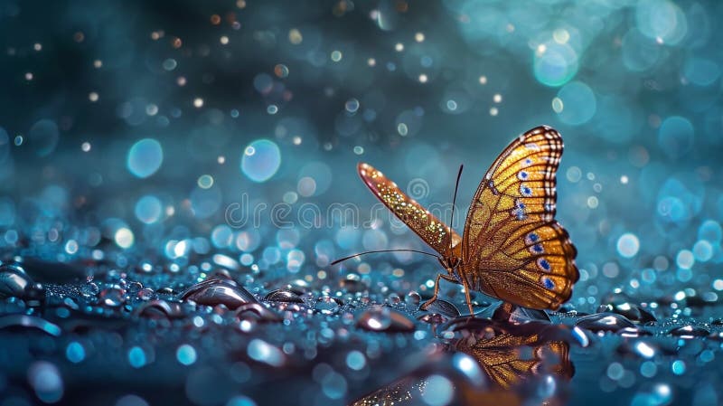 Butterfly on Mirror Surface in Water Drops. Glitter Butterfly Shining ...