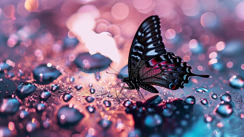 Butterfly on Mirror Surface in Water Drops. Glitter Butterfly Shining ...