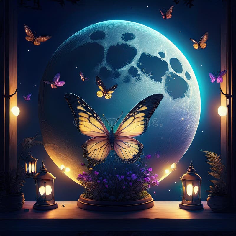 Butterfly in the moonlight stock illustration. Illustration of lighting ...
