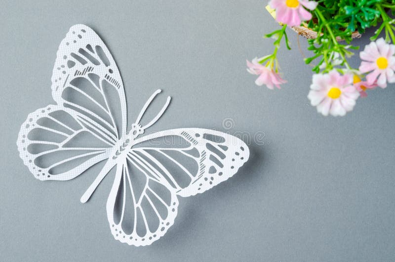 A Butterfly Paper Cut with Flower on Grey Colour Background Stock Image ...