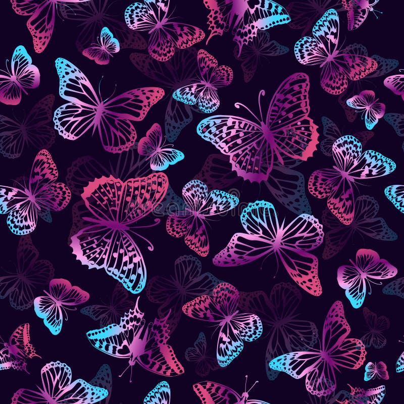 Butterfly Pattern. Seamless Background with Purple and Neon Butterflies ...